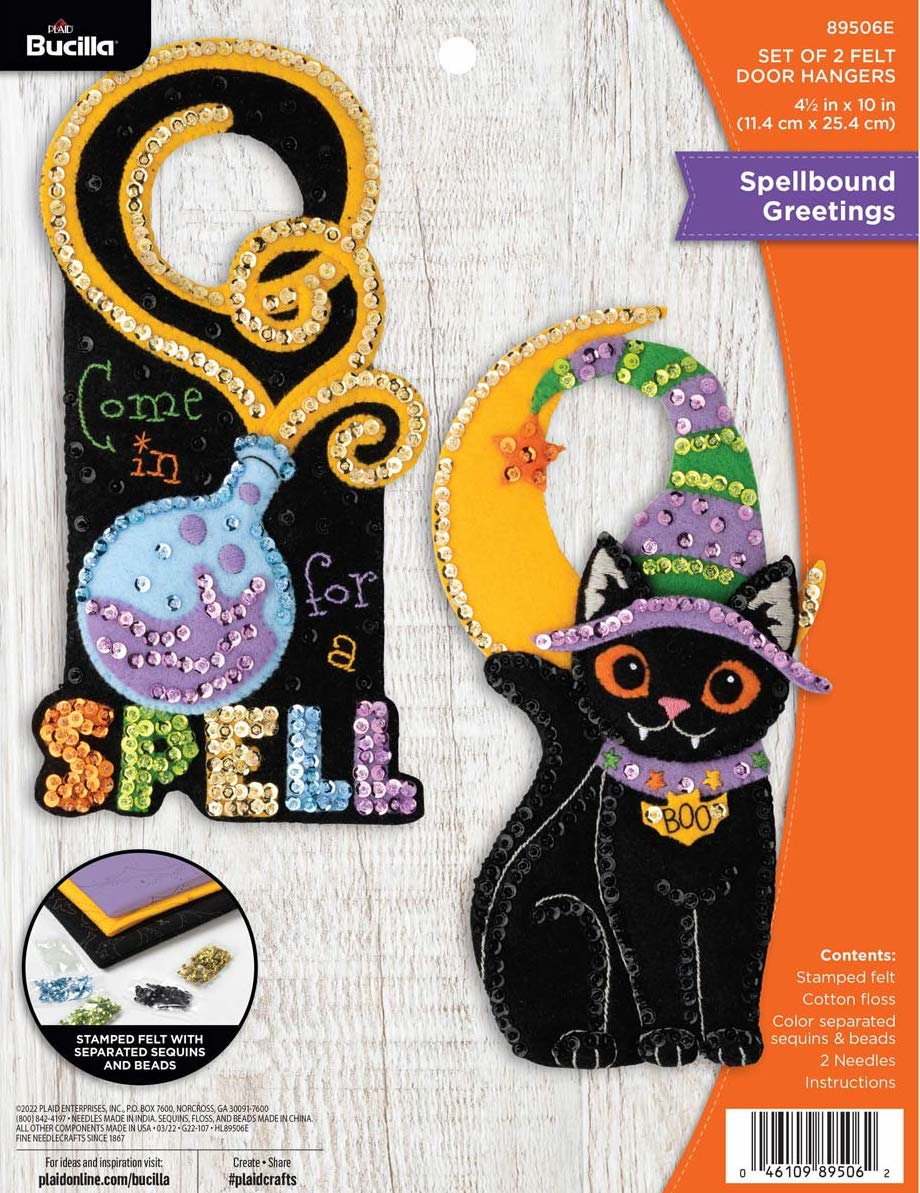 DIY Bucilla Spellbound Greetings Cat Halloween Door Hangers Felt Kit 8 ...